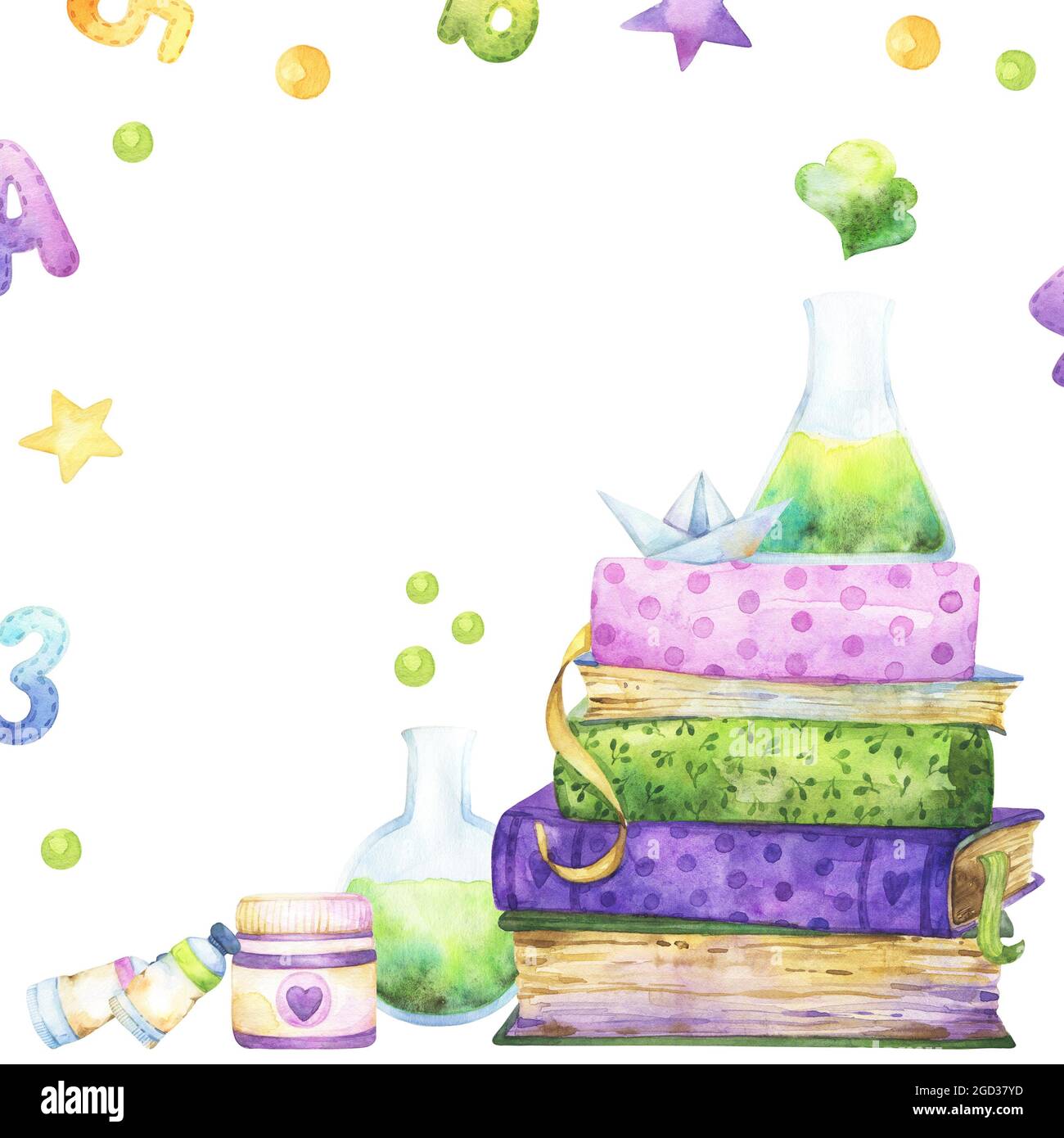 Stack of pink, purple, green books, text books, pile of books ...