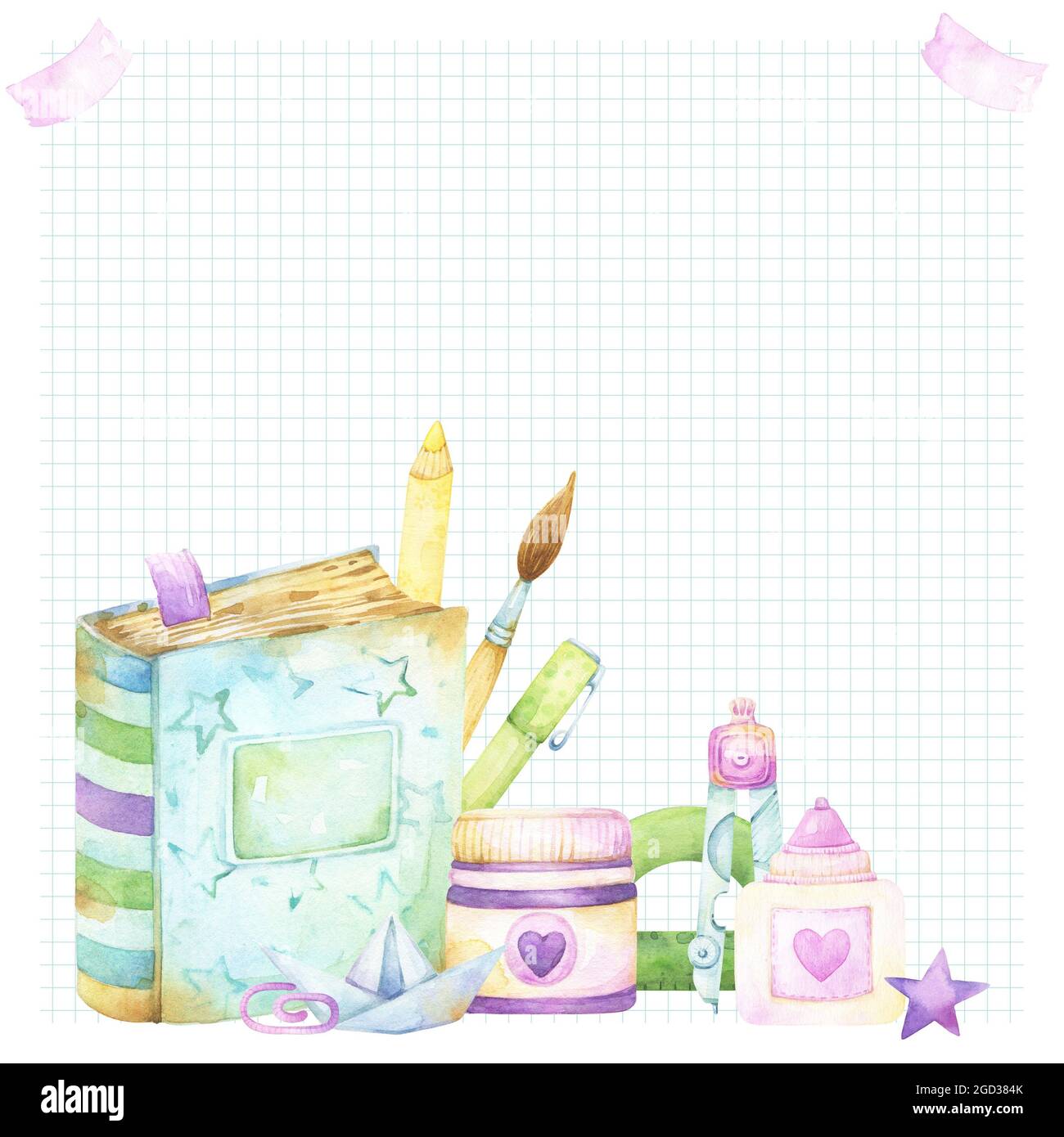 Back to school square background or premade template with watercolor ...