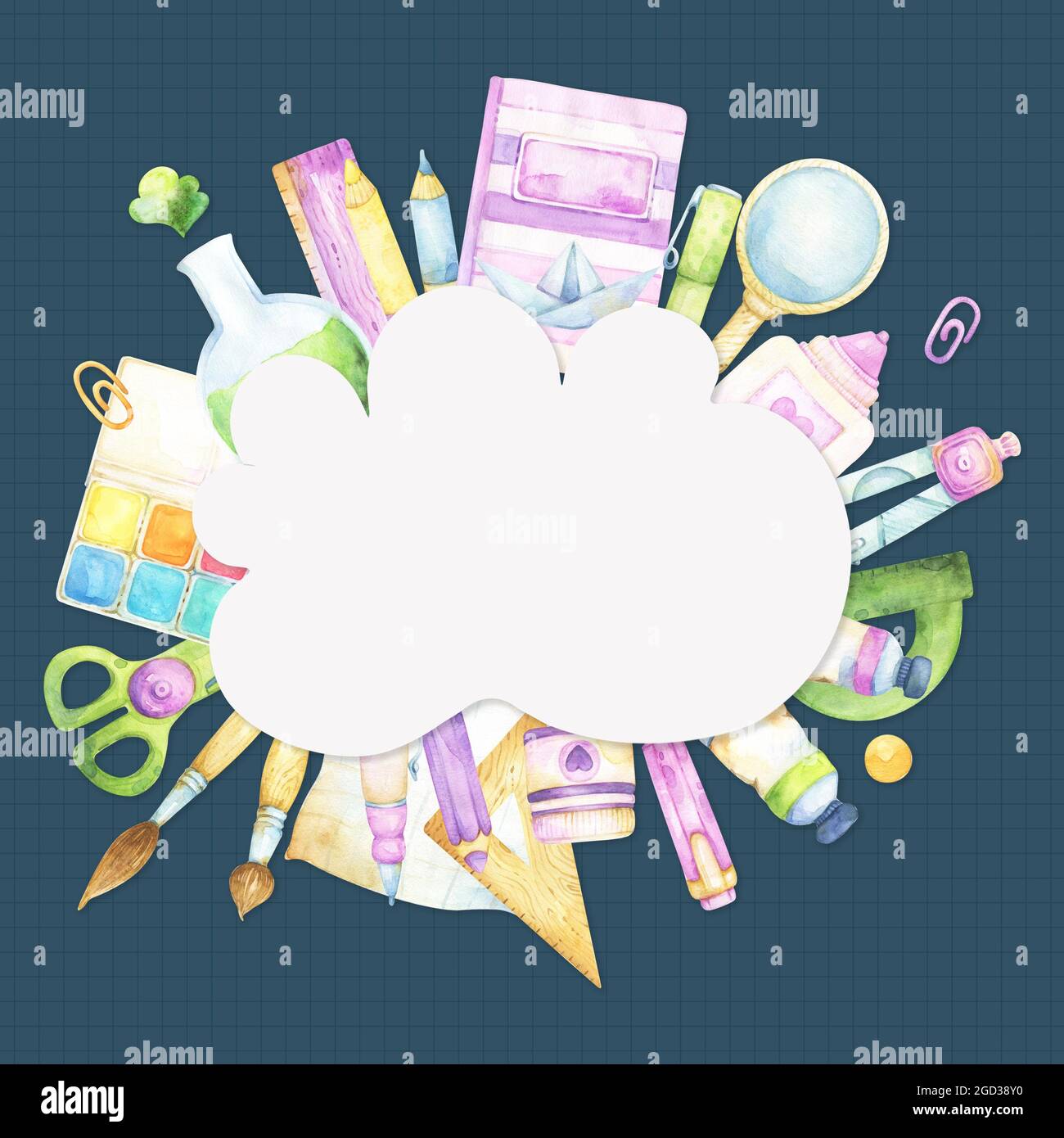 Square template with dark blue school paper background with a cloud ...