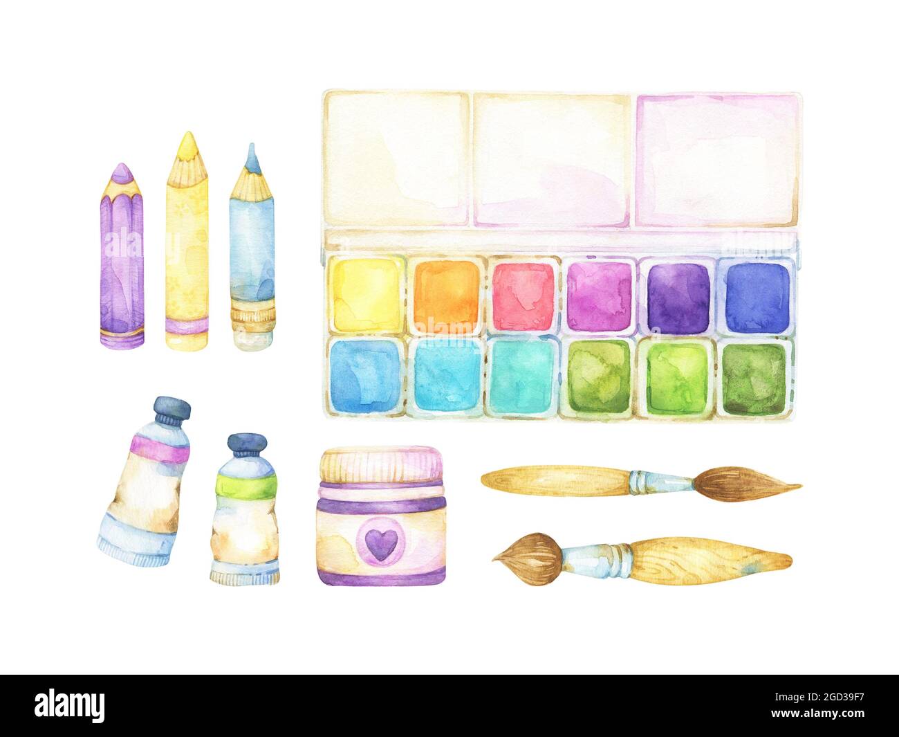 Hand painted watercolor art supplies set of isolated items on white ...