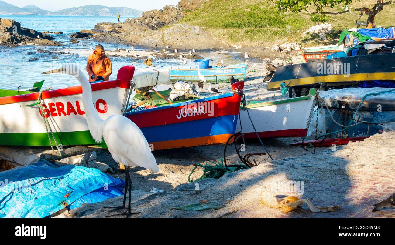 Small colourful fishing canoes in brazilian beach town of Cabo Frio ...