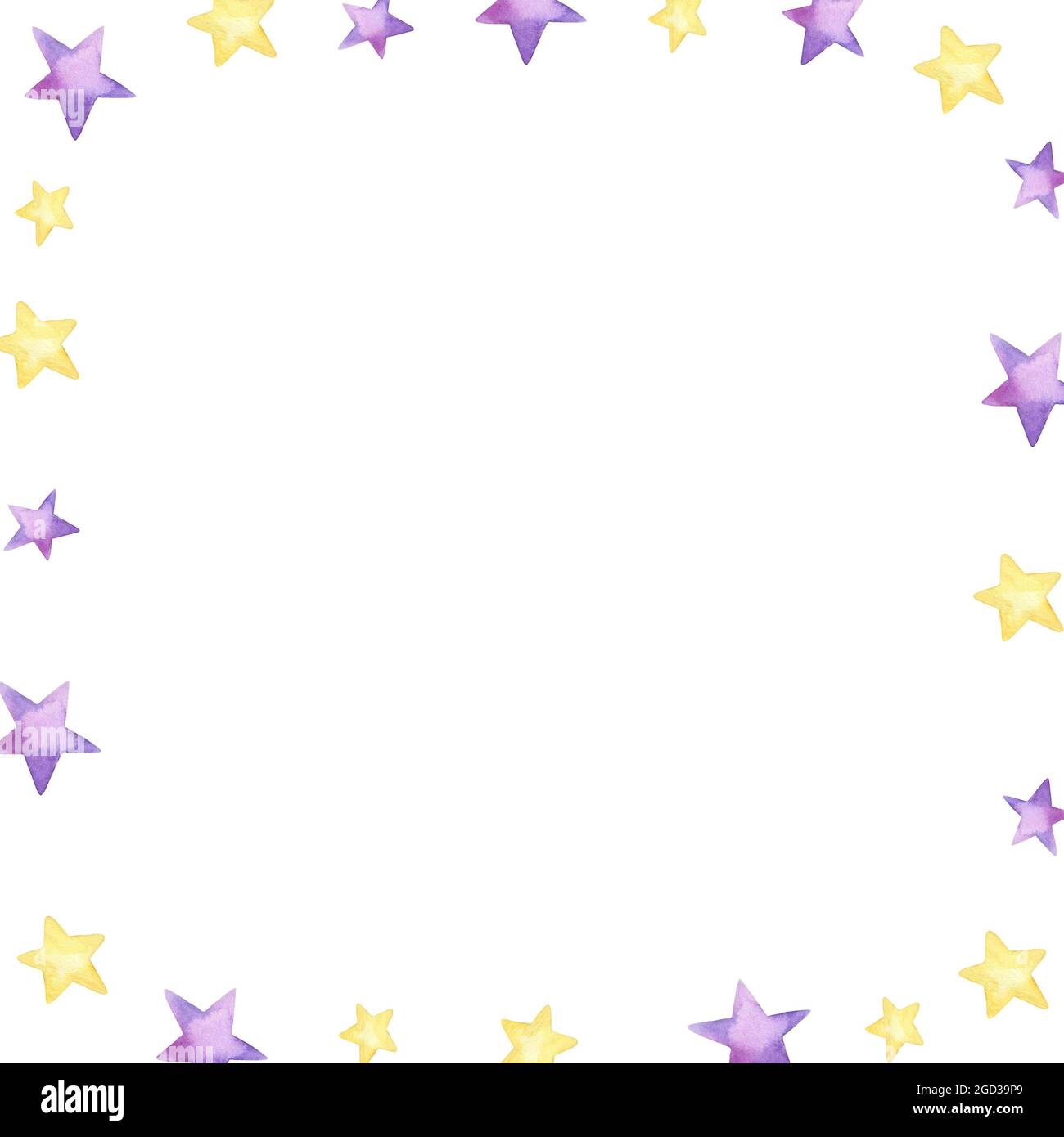 Square frame with watercolor purple and yellow cartoon stars, premade ...