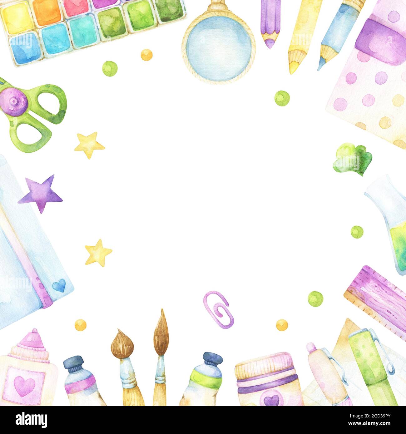 Back to school square watercolor frame, template with craft and art ...