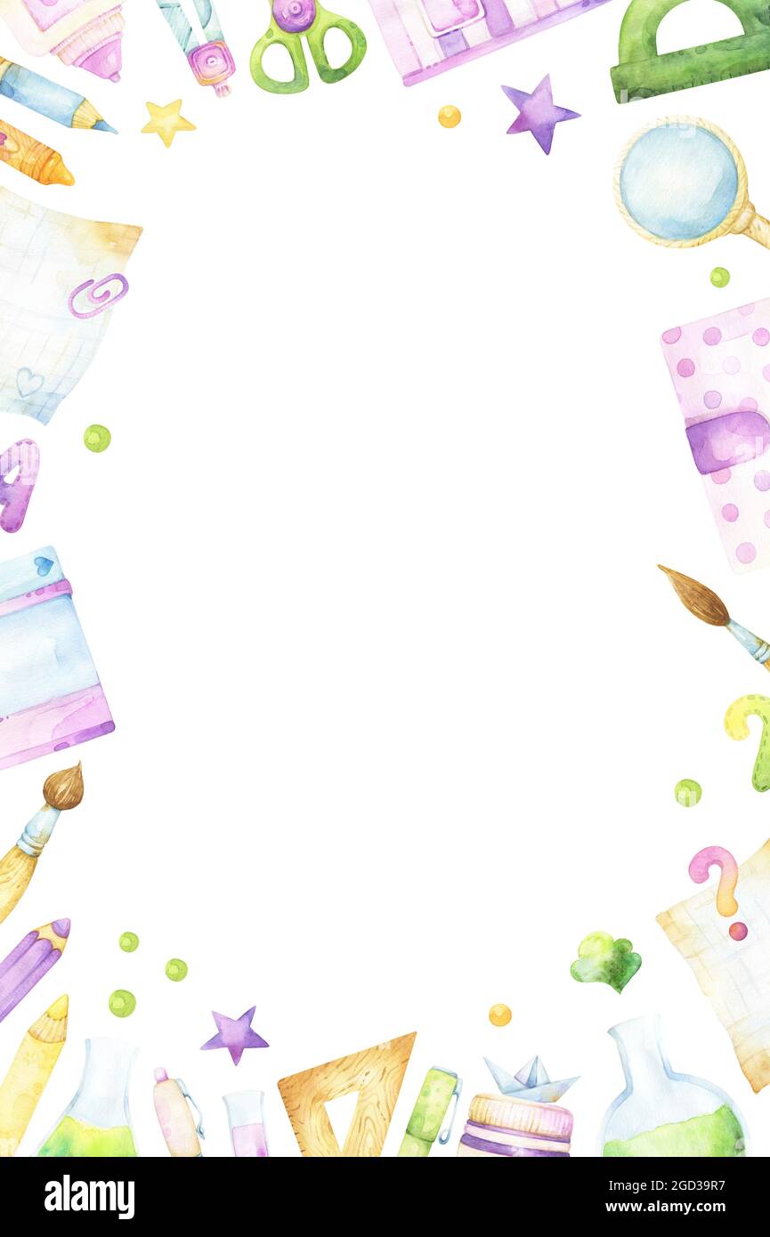 Colorful rectangular watercolor back to school frame with craft and art ...