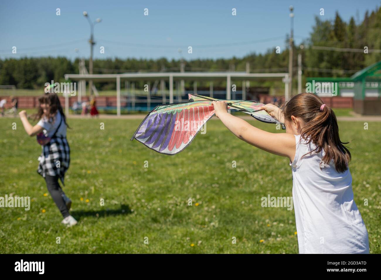 Children fly a kite. Two girls are trying to launch a bird figure ...