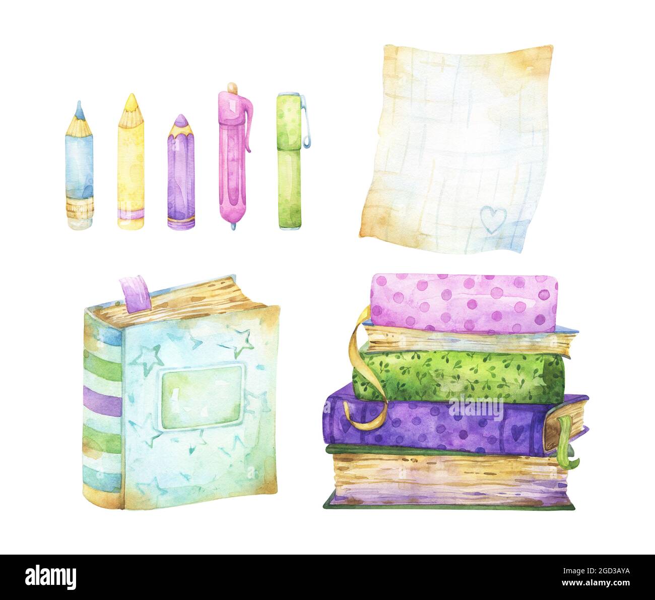 Set of watercolor stationery and reading clipart isolated on white ...