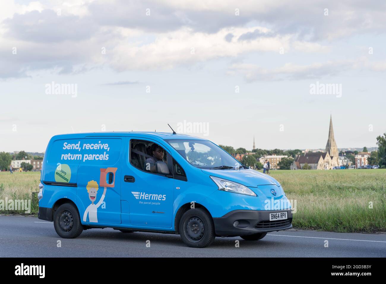 Hermes delivery Vam in Blue out on the road for delivery A2, London ...