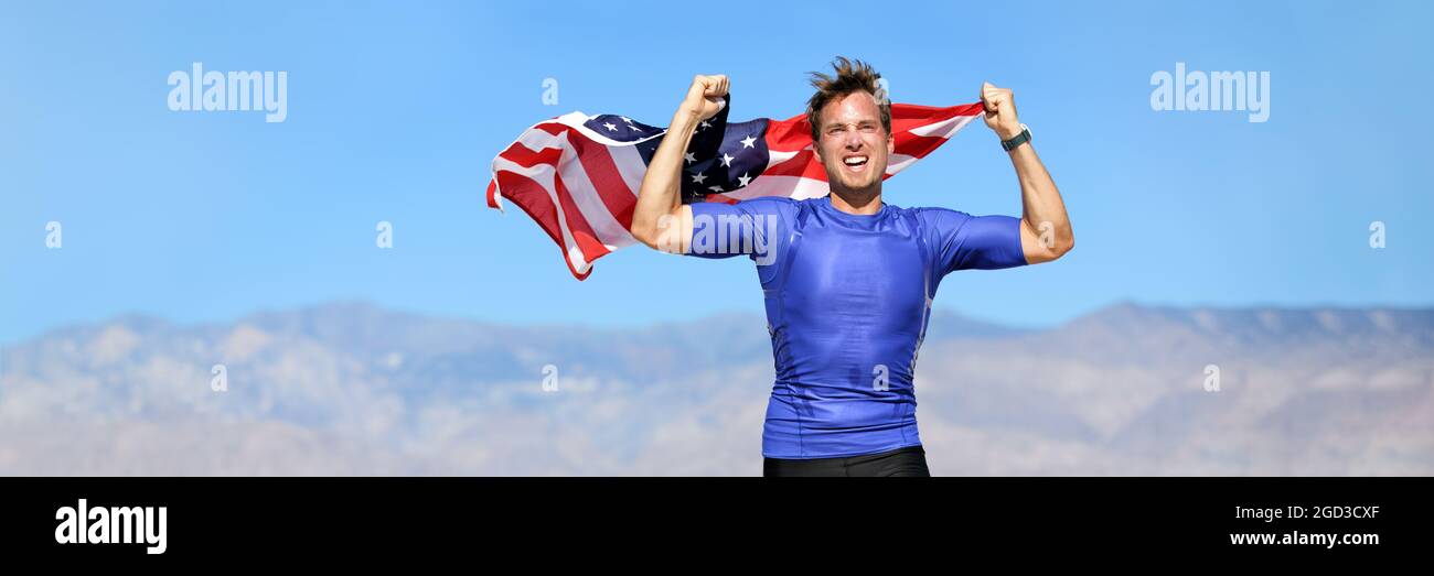 USA american athlete waving flag in success winning competition race on ...