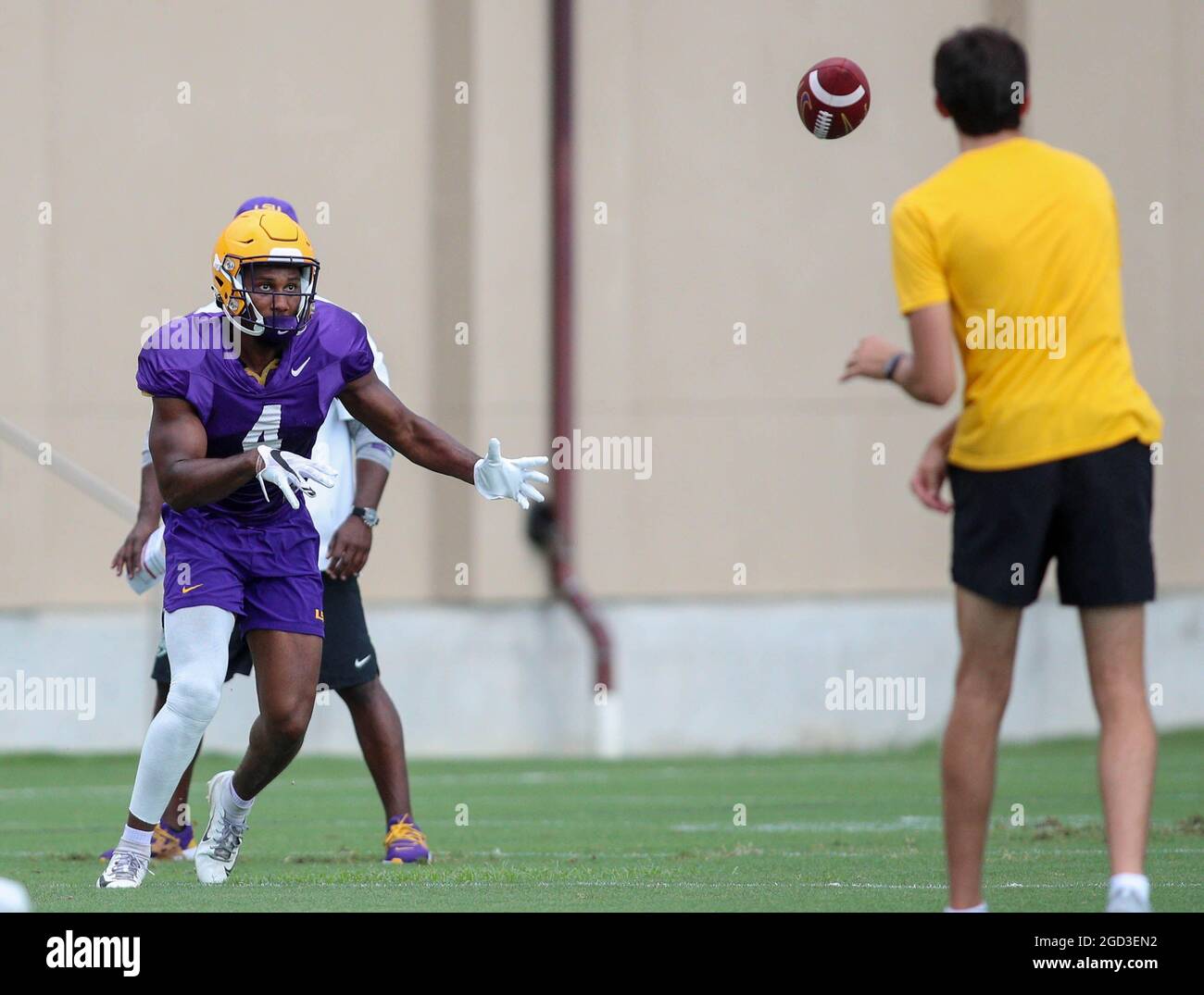 August 10, 2021: LSU defensive back Todd Harris Jr. (4) breaks on a ...