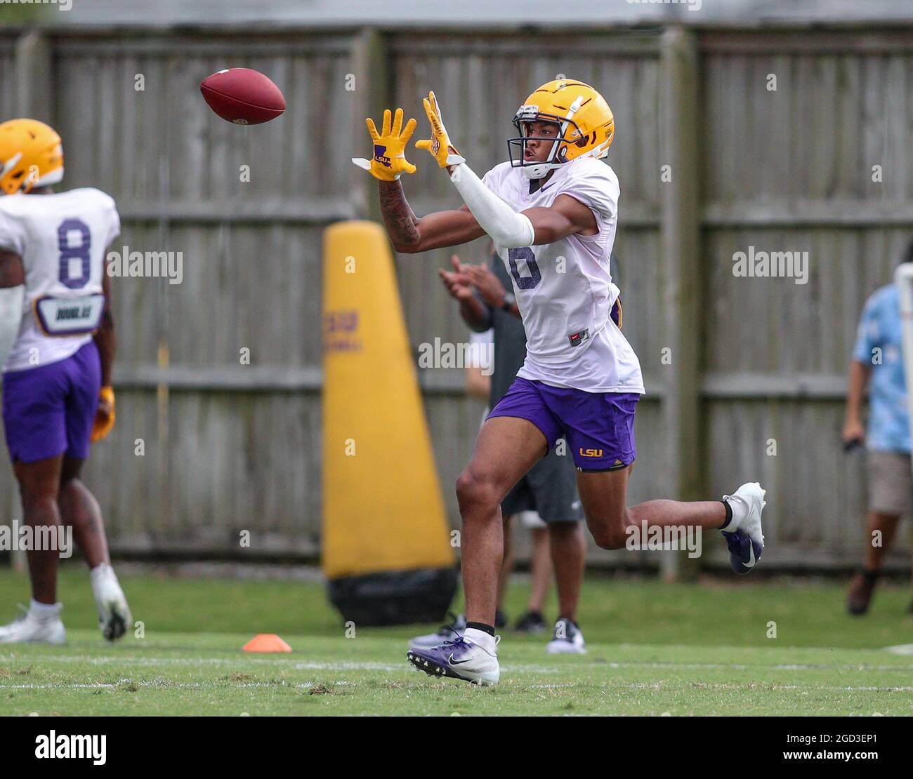 August 10, 2021: LSU receiver Deion Smith (6) catches a ball in a drill ...