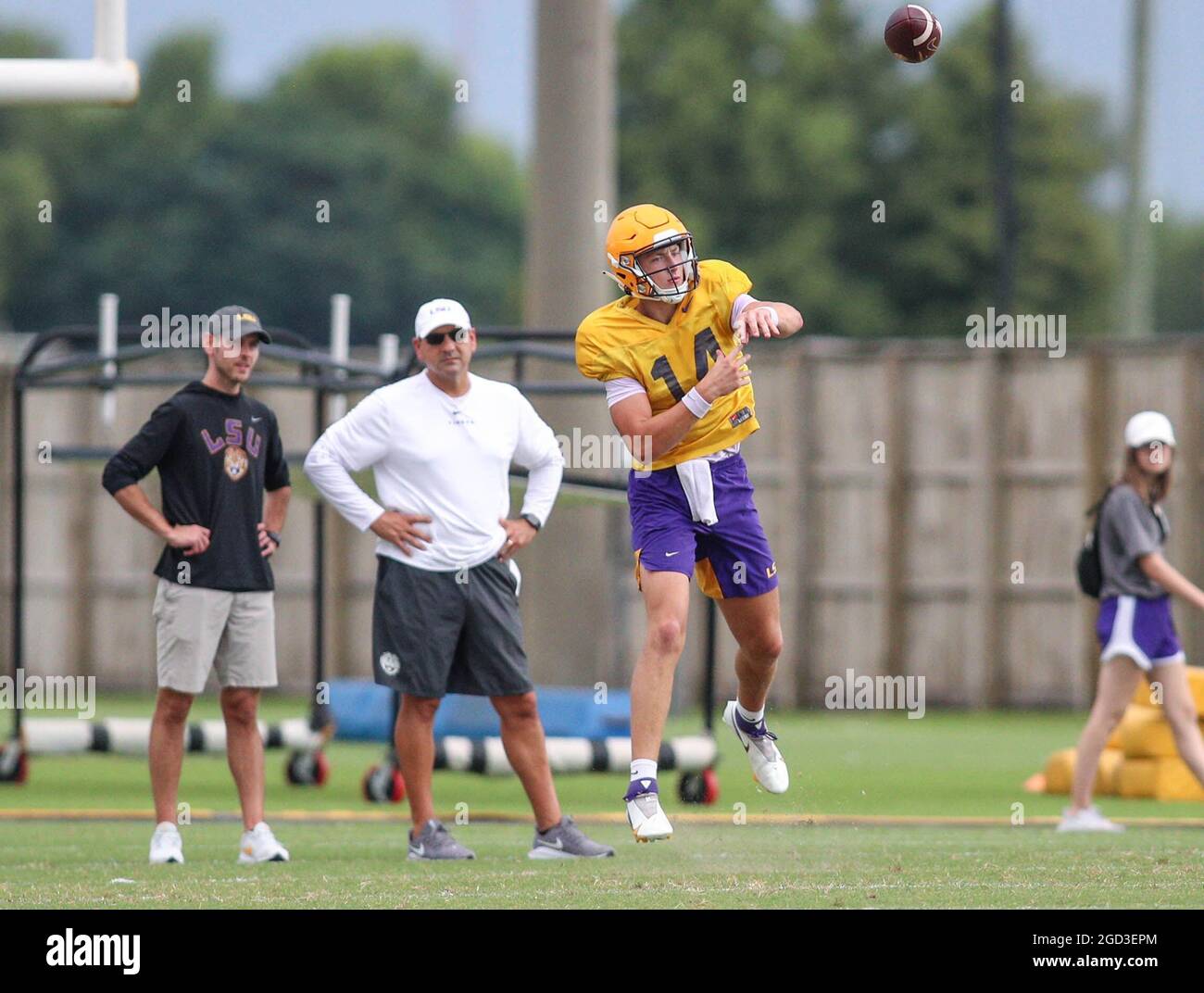 August 10, 2021: LSU quarterback Max Johnson (14) lets a pass go during ...