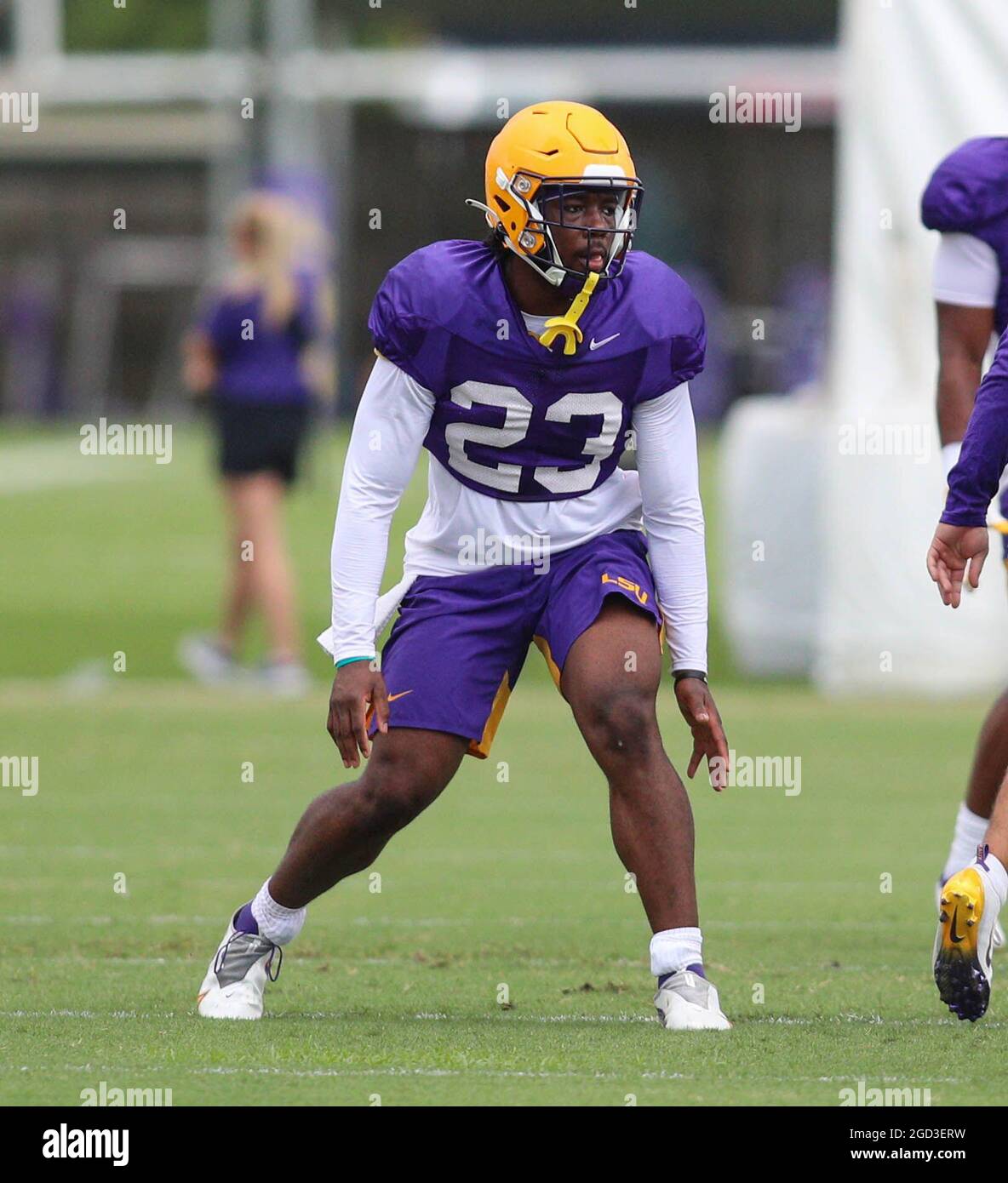 August 10, 2021: LSU linebacker Micah Baskerville (23) works a ...