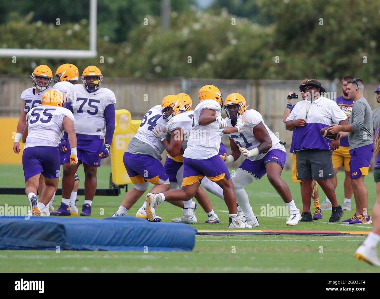August 10, 2021: LSU Offensive Line Coach Brad Davis put lineman ...