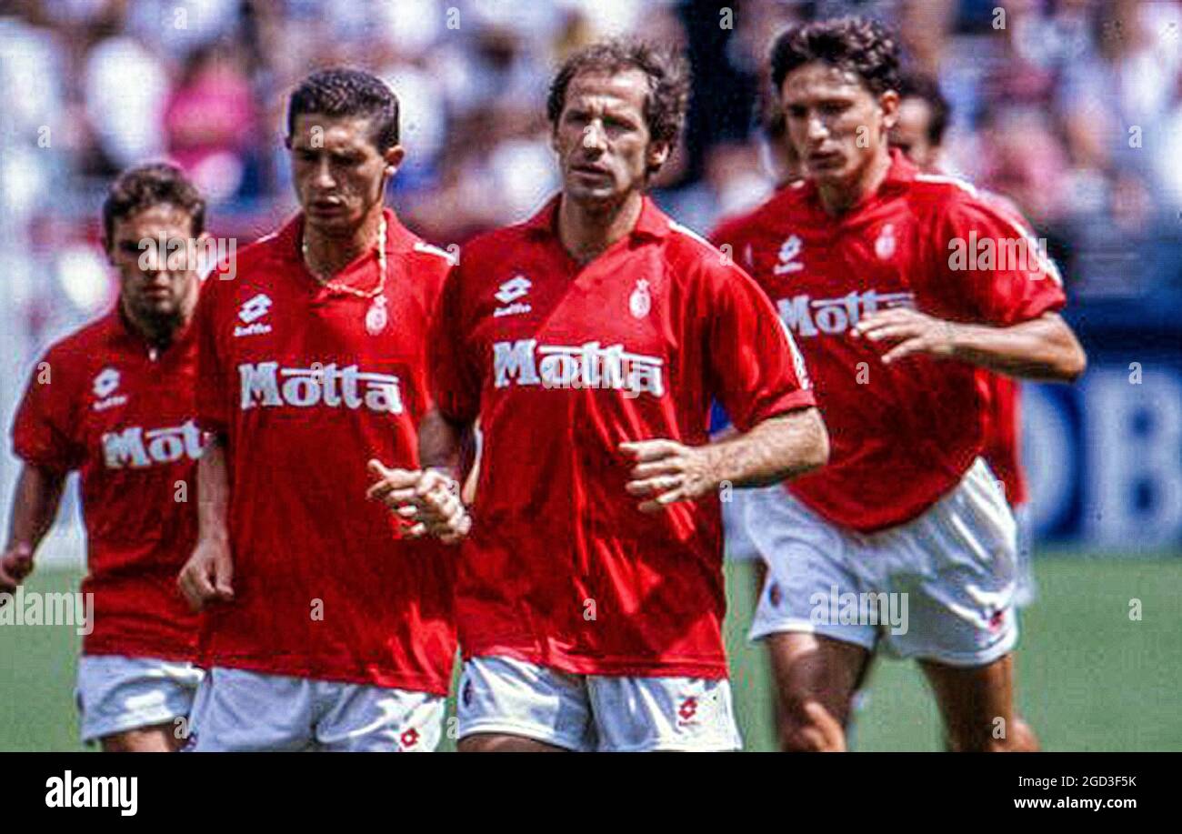 Franco baresi leads his AC Milan teammates on a warm up jog before the ...