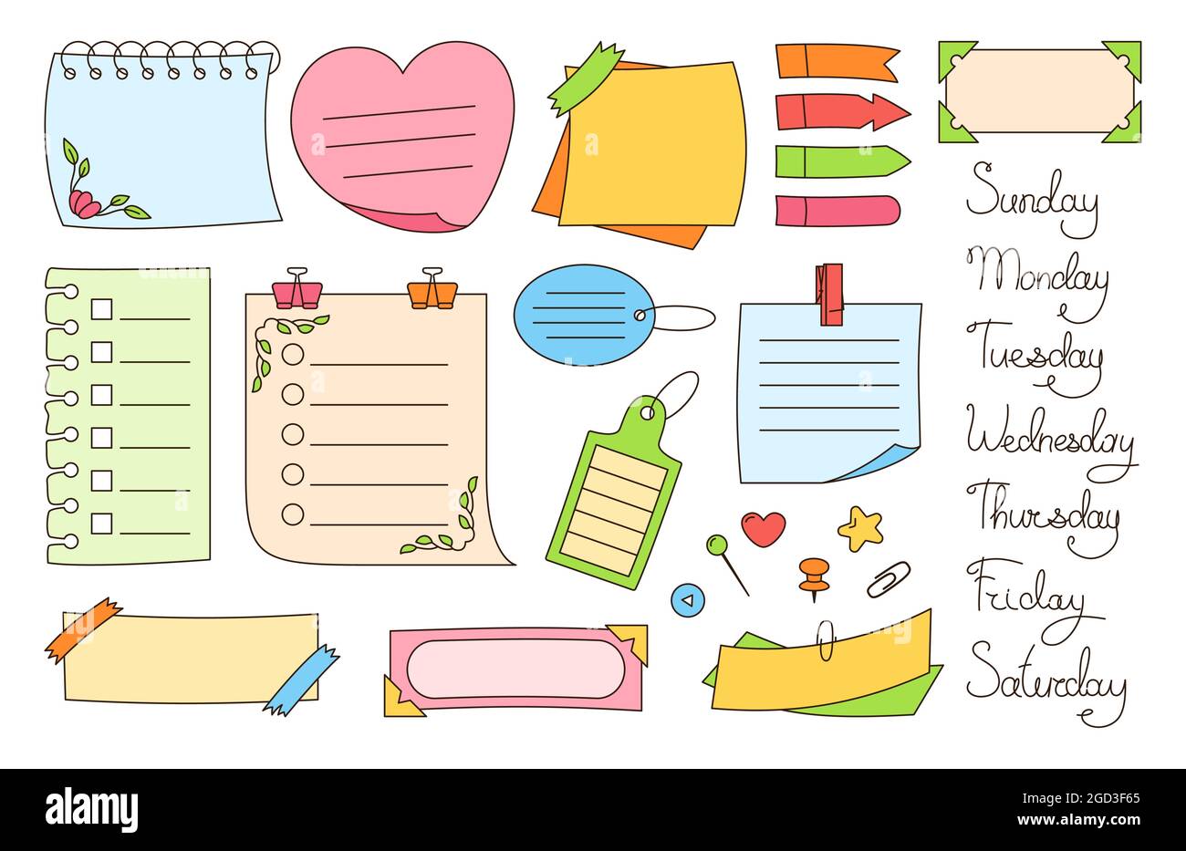 Notebook paper sticky note line set. Blank sticker with elements of ...