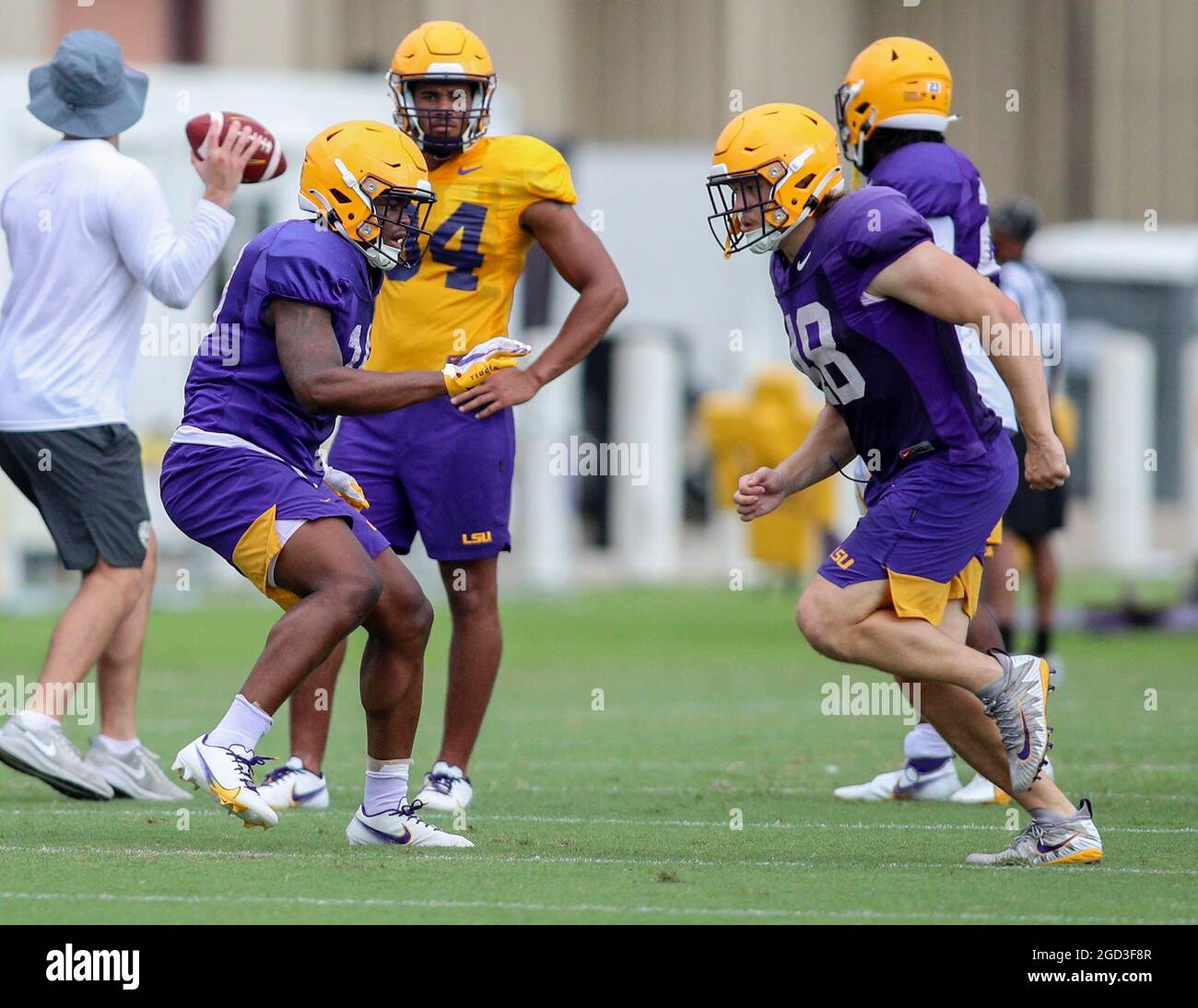 August 10, 2021: LSU linebackers Mike Jones Jr. (19) and Sloan Wright ...