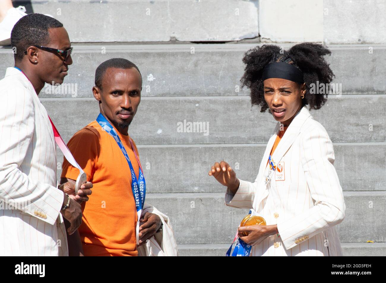 Liemarvin Bonevacia, Abdi Nageeye en Sifan Hassan during a meeting with Dutch Royals after ...