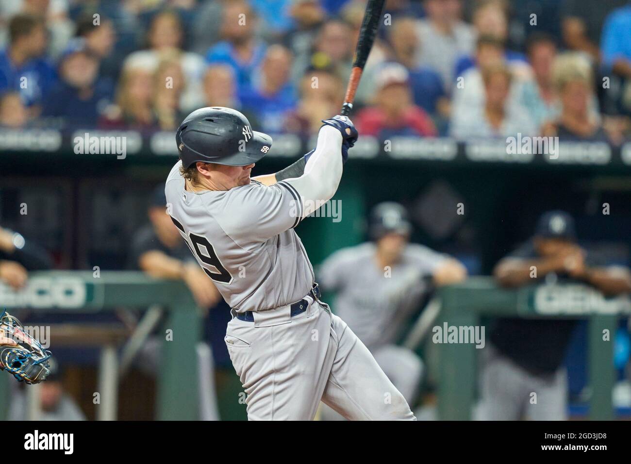 August 9 2021: New York first baseman Luke Voit (59) gets a hit during ...