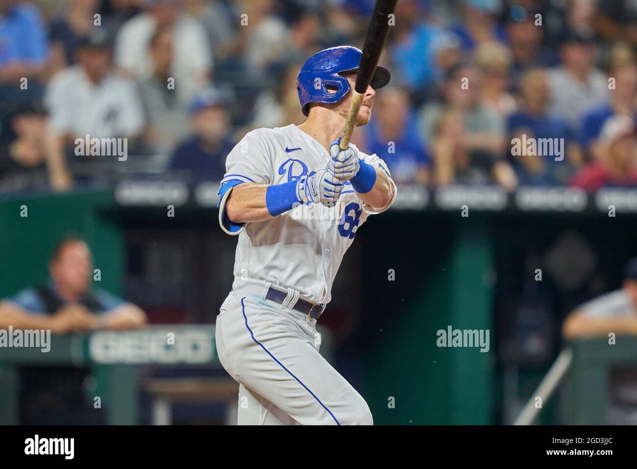 August 9 2021: Kansas City right fielder Ryan O'Hearn (66) gets a hit ...