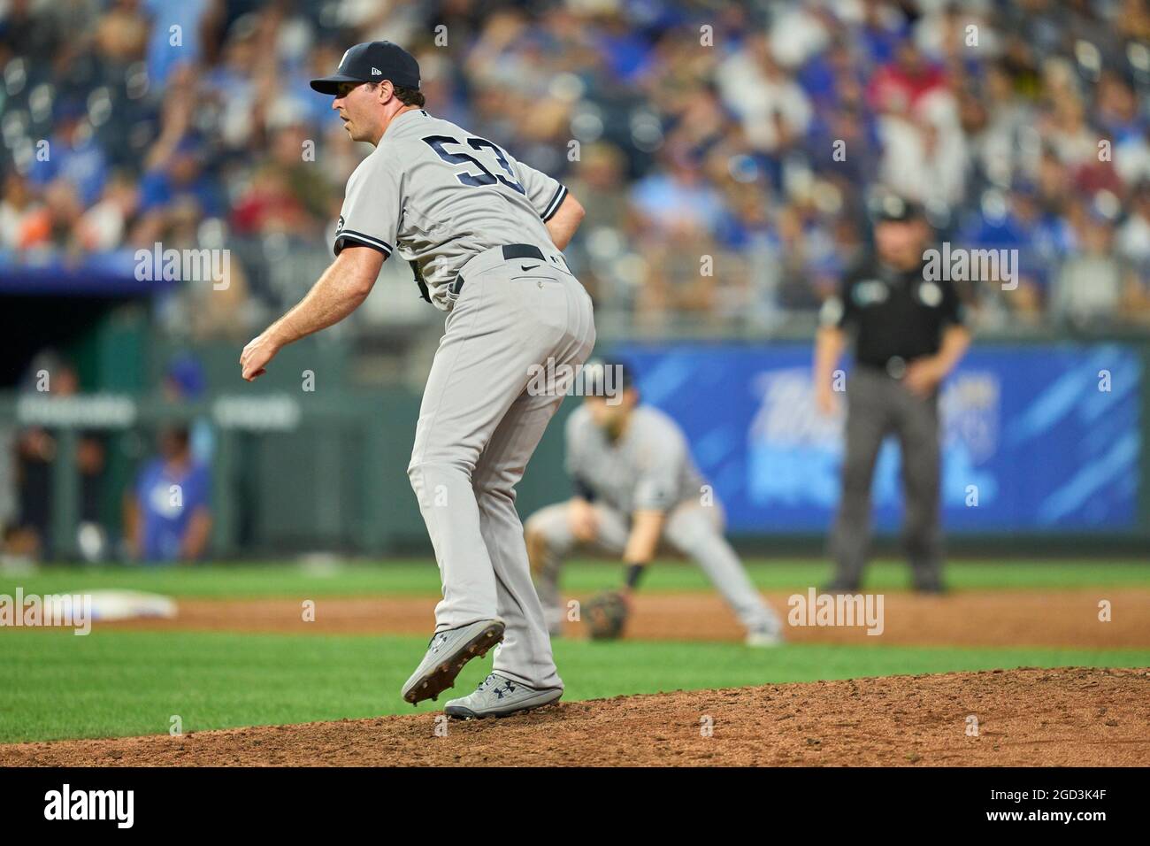 August 9 2021: New York pitcher Zack Britton (53) throws a pitch during ...