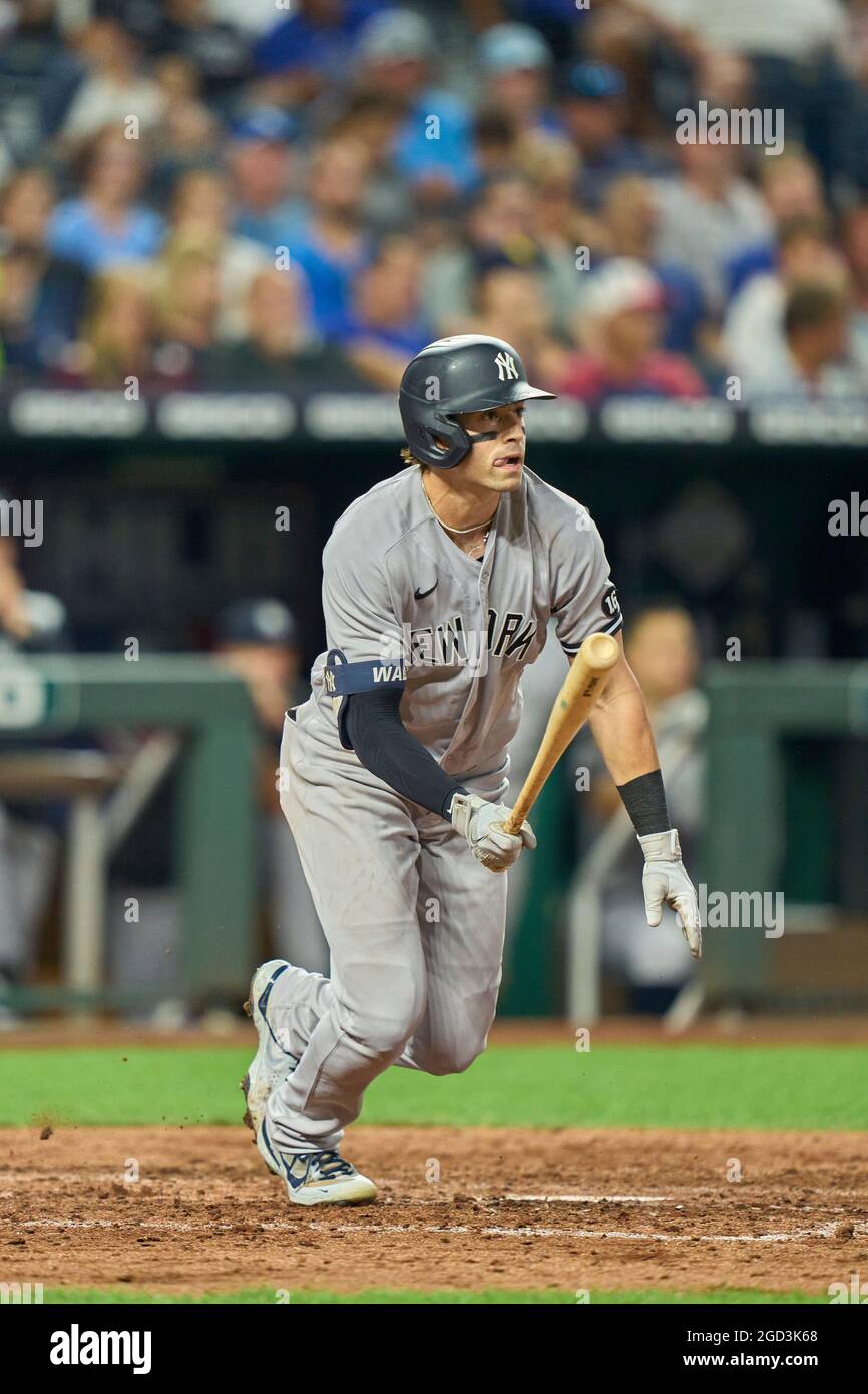 August 9 2021: New York third baseman Tyler Wade (14) gets a hit during ...
