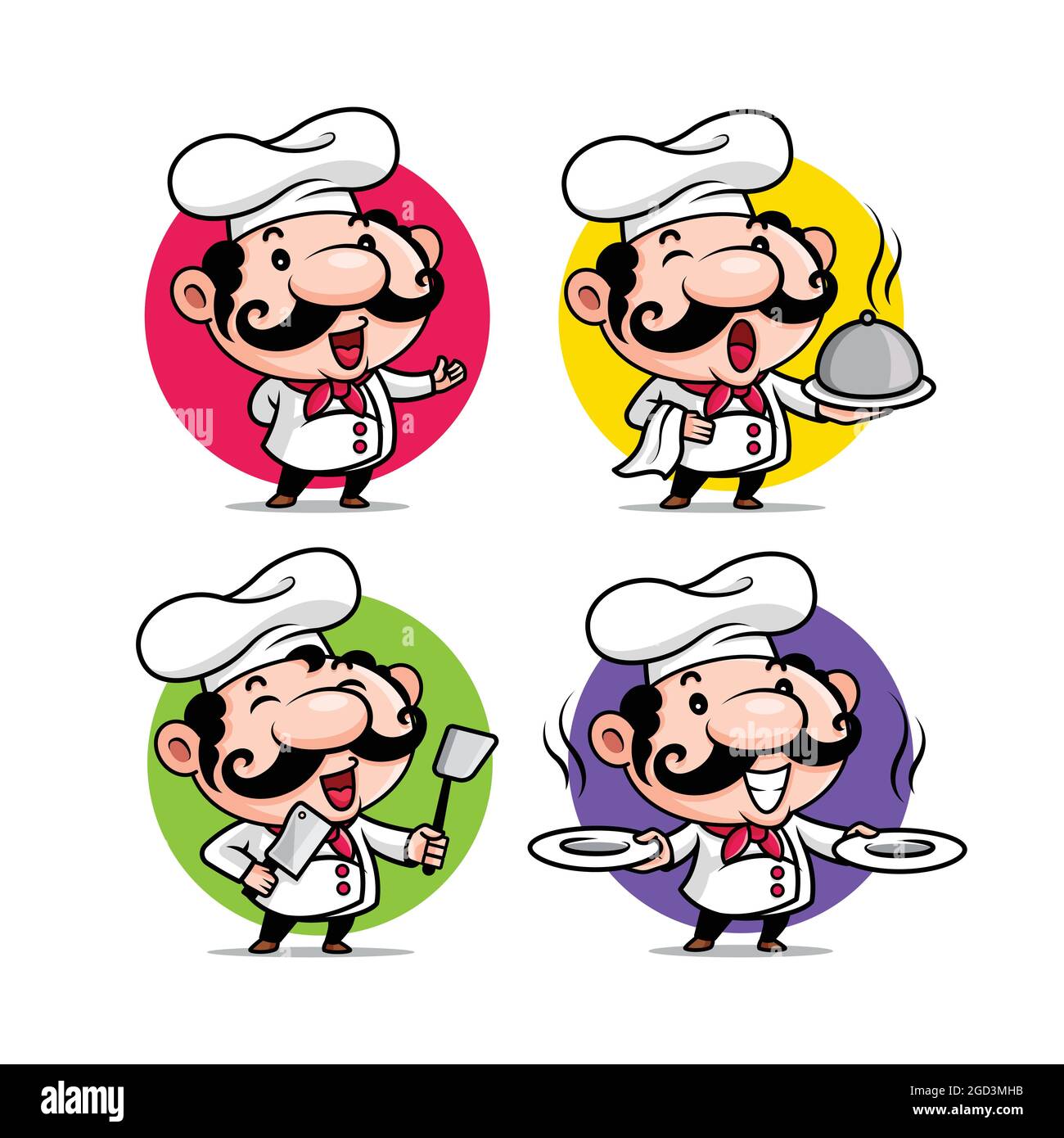 Collection of big moustache chef holding kitchenware with different ...