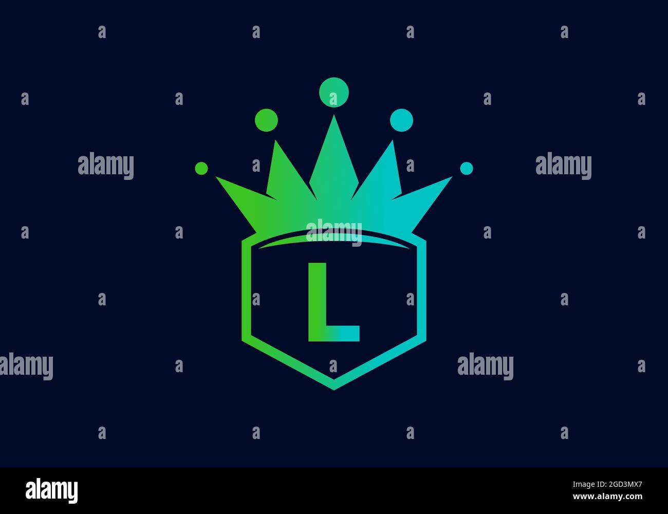 Green blue gradient color of L initial letter in frame with crown ...