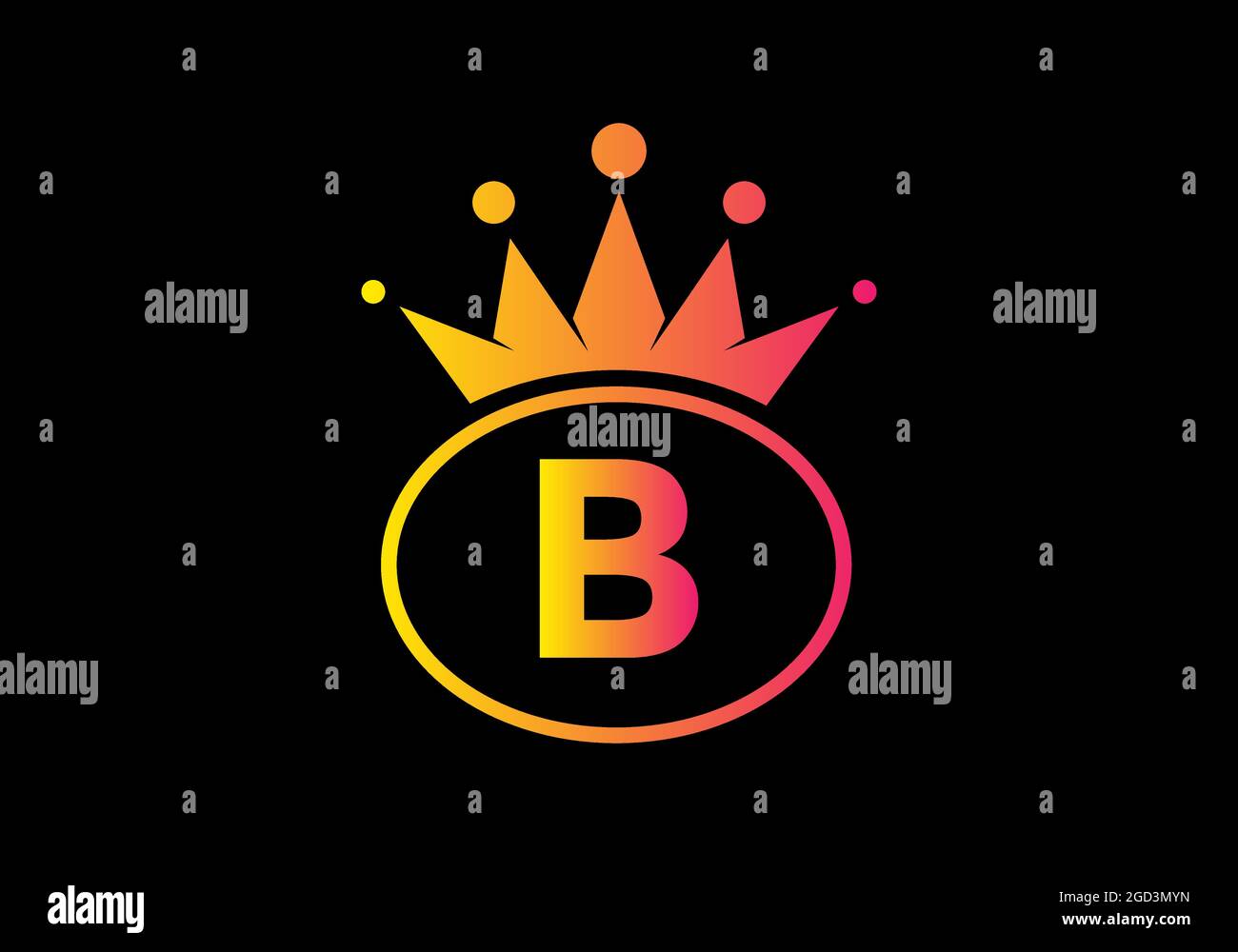 Yellow pink gradient color of B initial letter in oval shape with crown ...