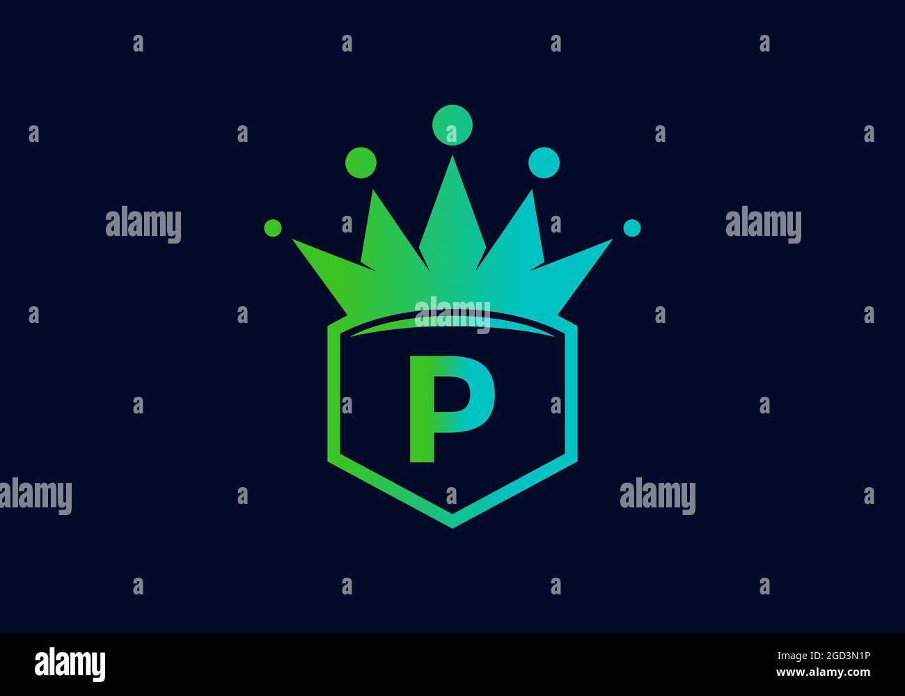 Green blue gradient color of P initial letter in frame with crown ...