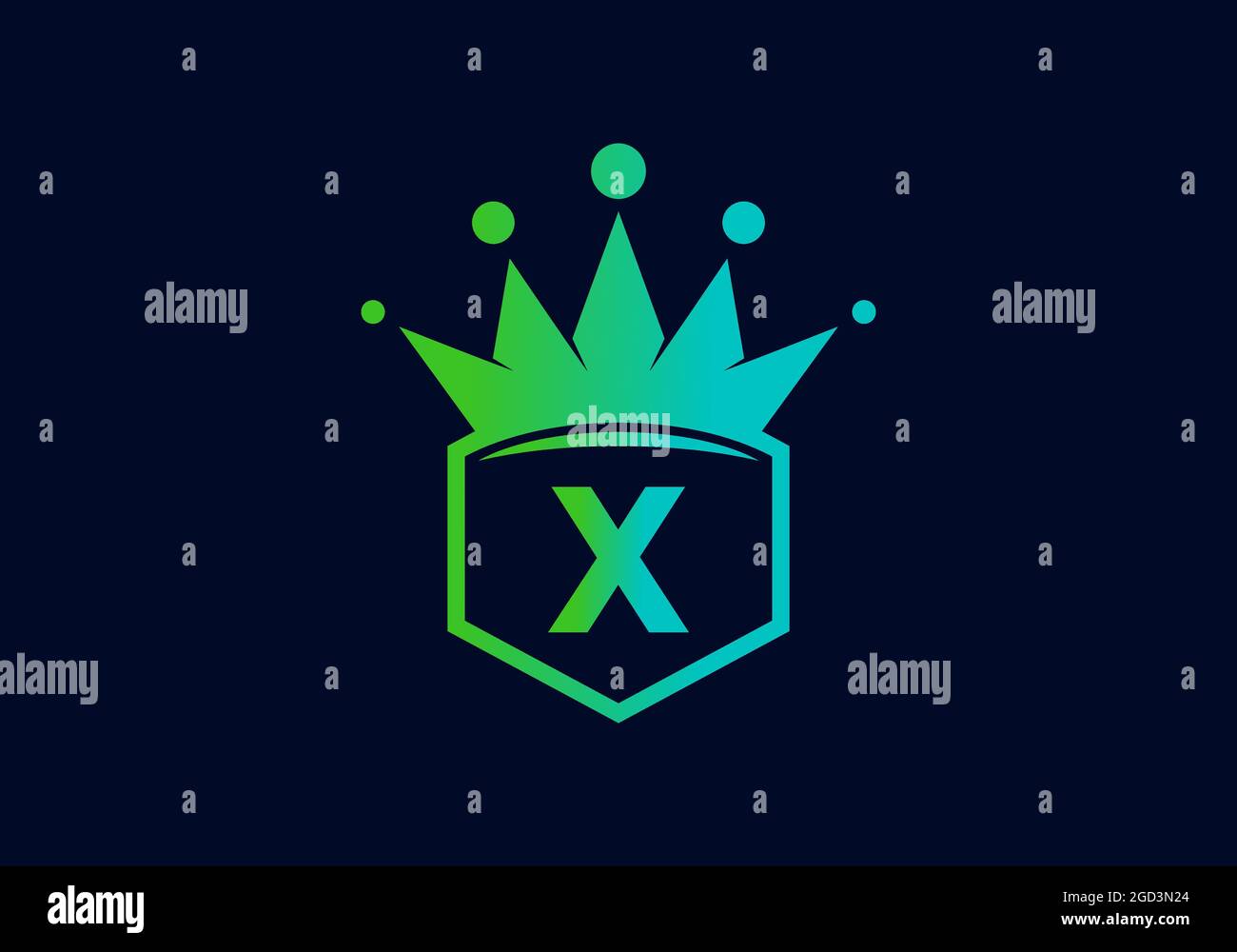 Green blue gradient color of X initial letter in frame with crown ...
