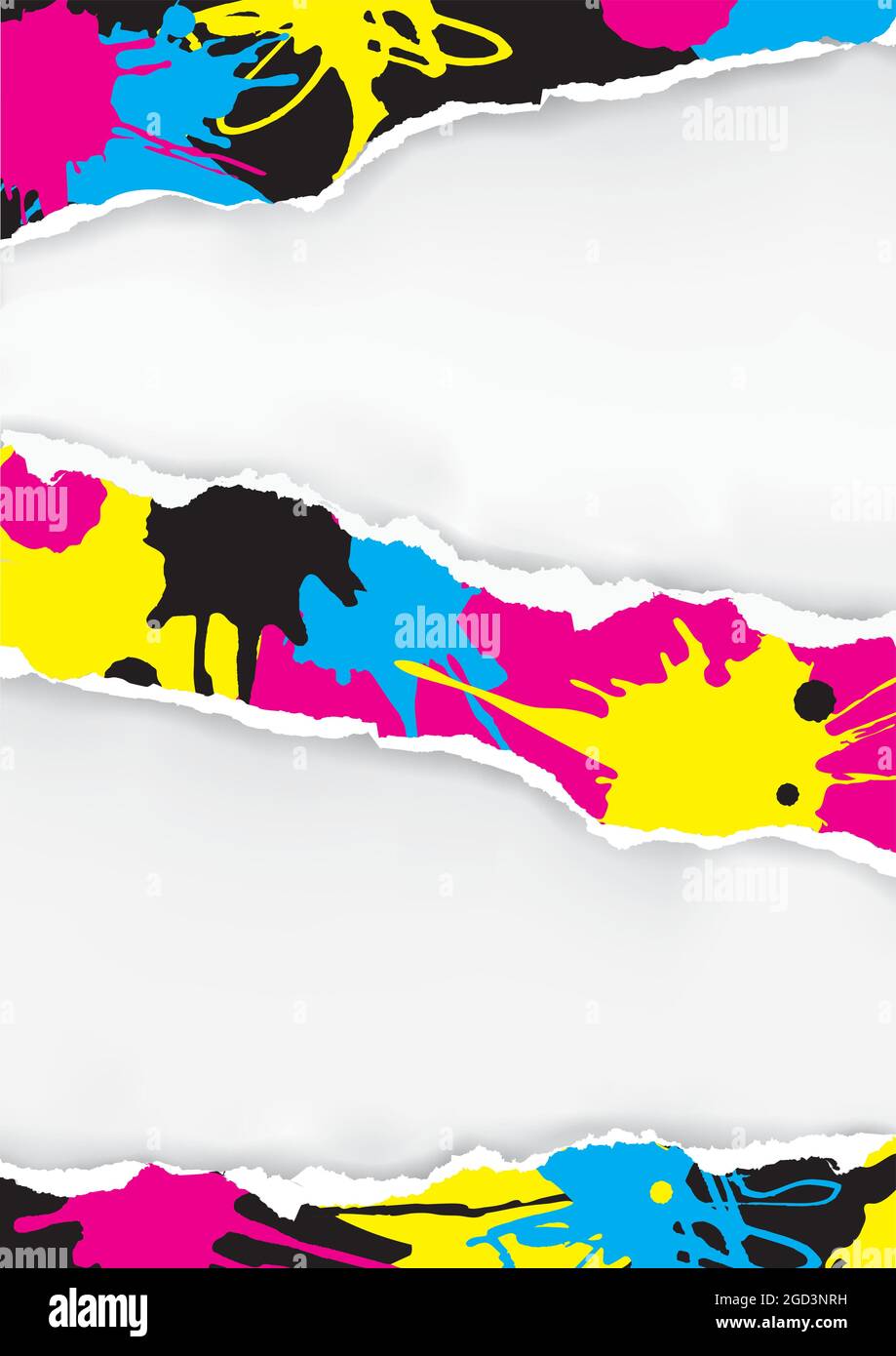Torn paper with CMYK colors ink splashes. Ripped paper with place for ...