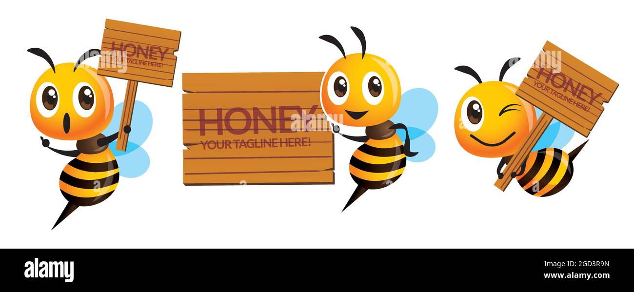Cartoon cute bee mascot set. Cartoon cute bee with natural wooden ...