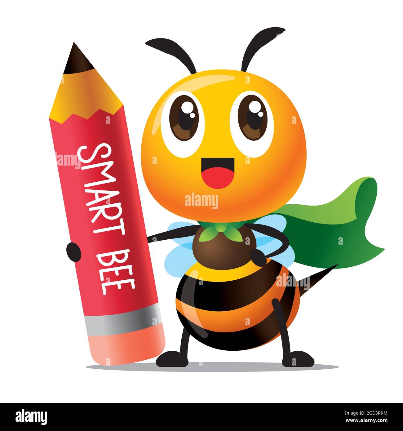 Back to school. Cartoon cute bee character with superhero cloak holding ...