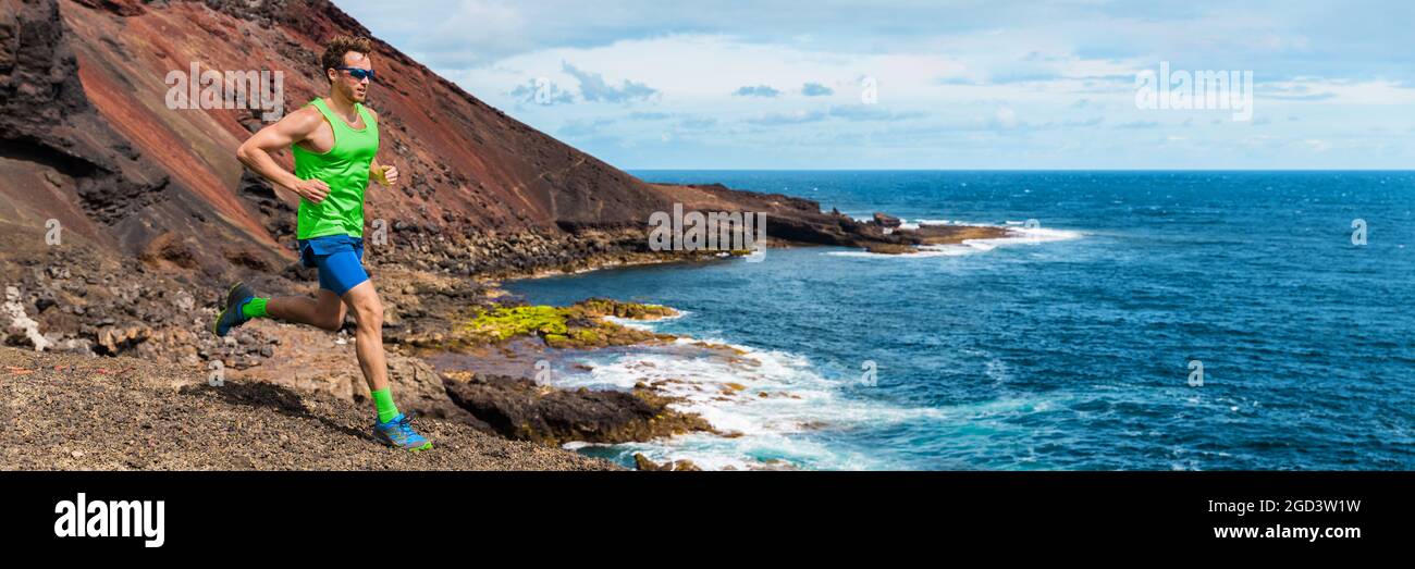 Trail running athlete ultra runner man cross training on mountain ...