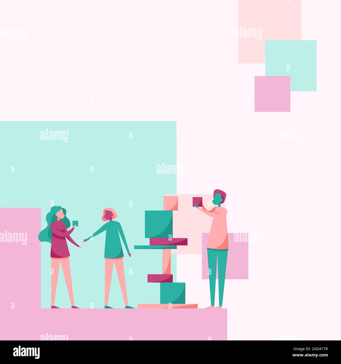 Three Colleagues Drawing Standing Helping Each Other With Building ...