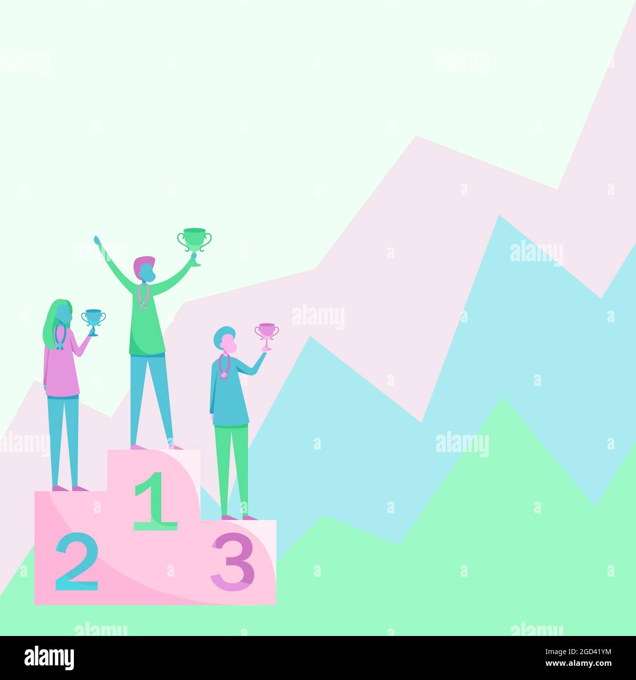 Three Competitors Drawing Standing On Podium Holding Trophies ...