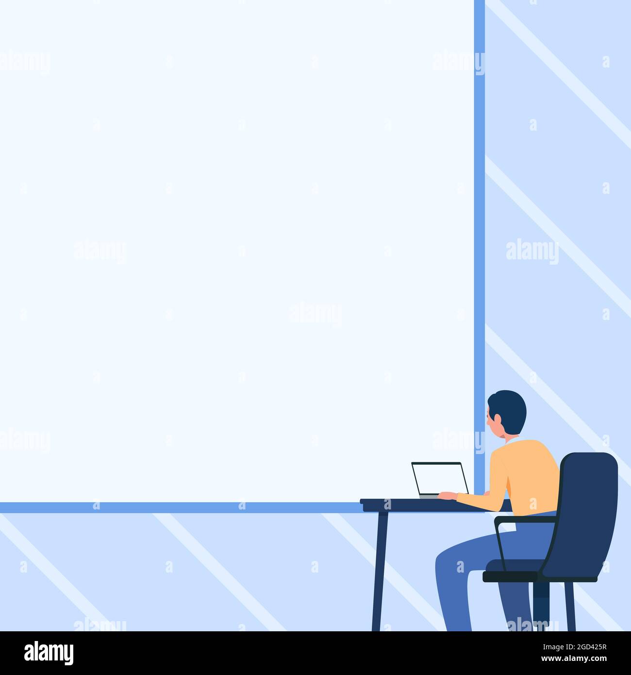 Man Drawing Sitting On Armchair Using Laptop Placed On Table With Large ...