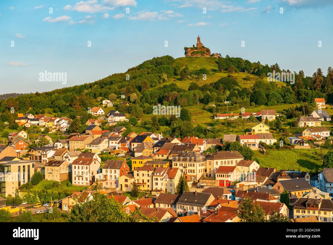 FRANCE, MOSELLE (57), DABO, VILLAGE AND DABO ROCK WITH SAINT-LEON ...