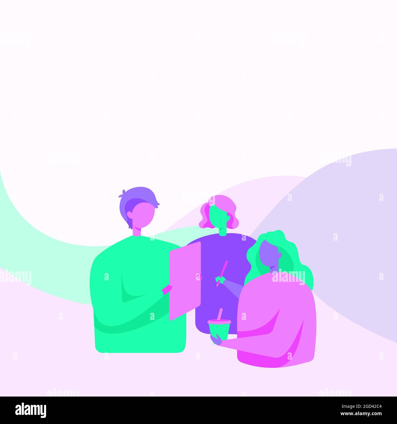 Colleagues Drawing Standing Talking To Each Other Holding Paper Pen Cup ...