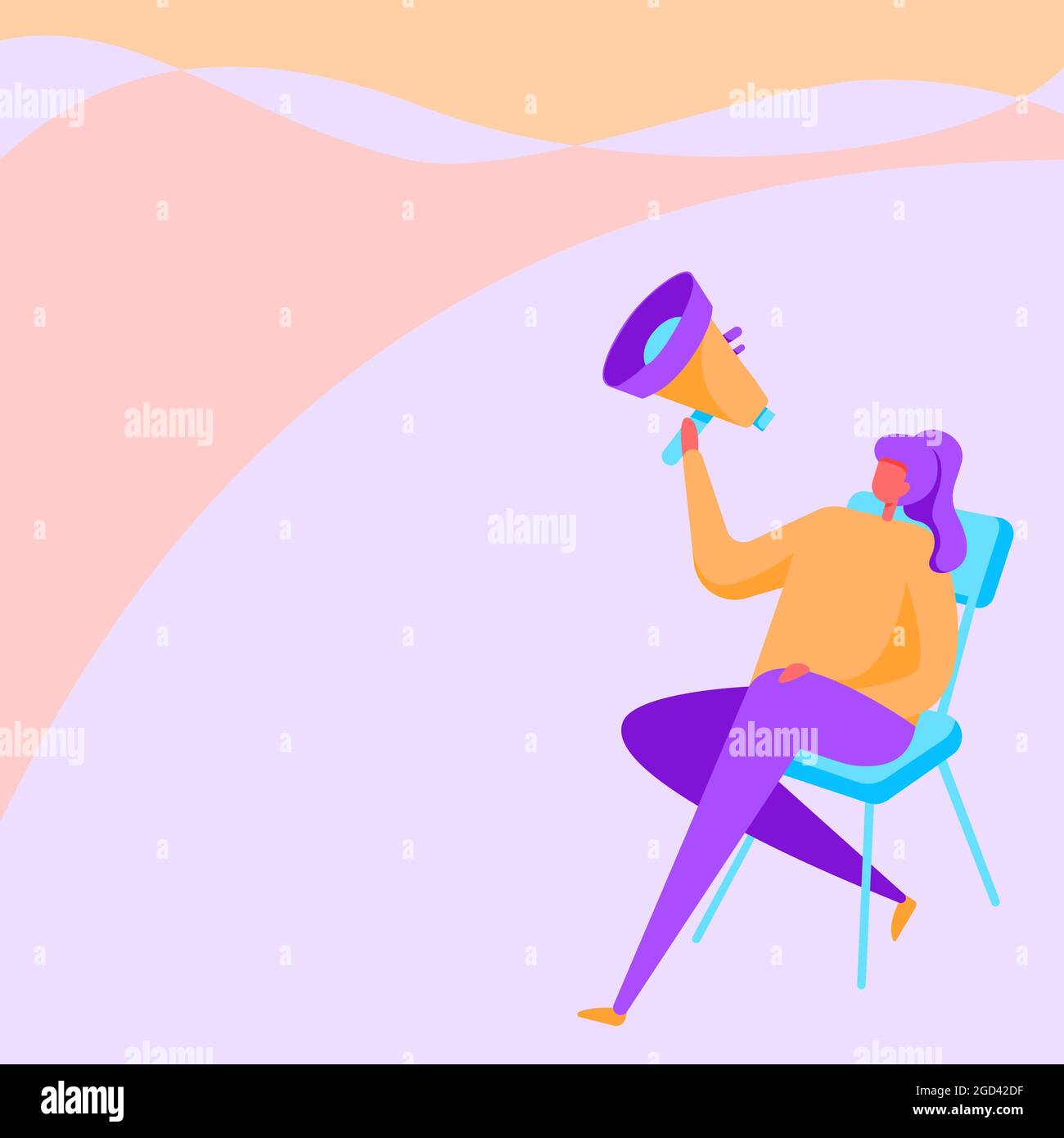 Woman Drawing Holding Megaphone Sitting On A Chair Crossed Legs. Lady ...