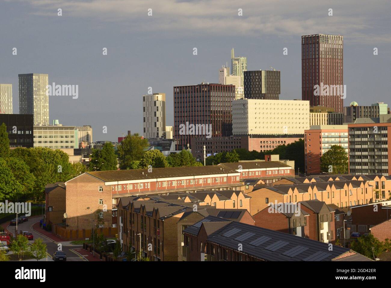 High level view of new skyscrapers in central Manchester with new ...