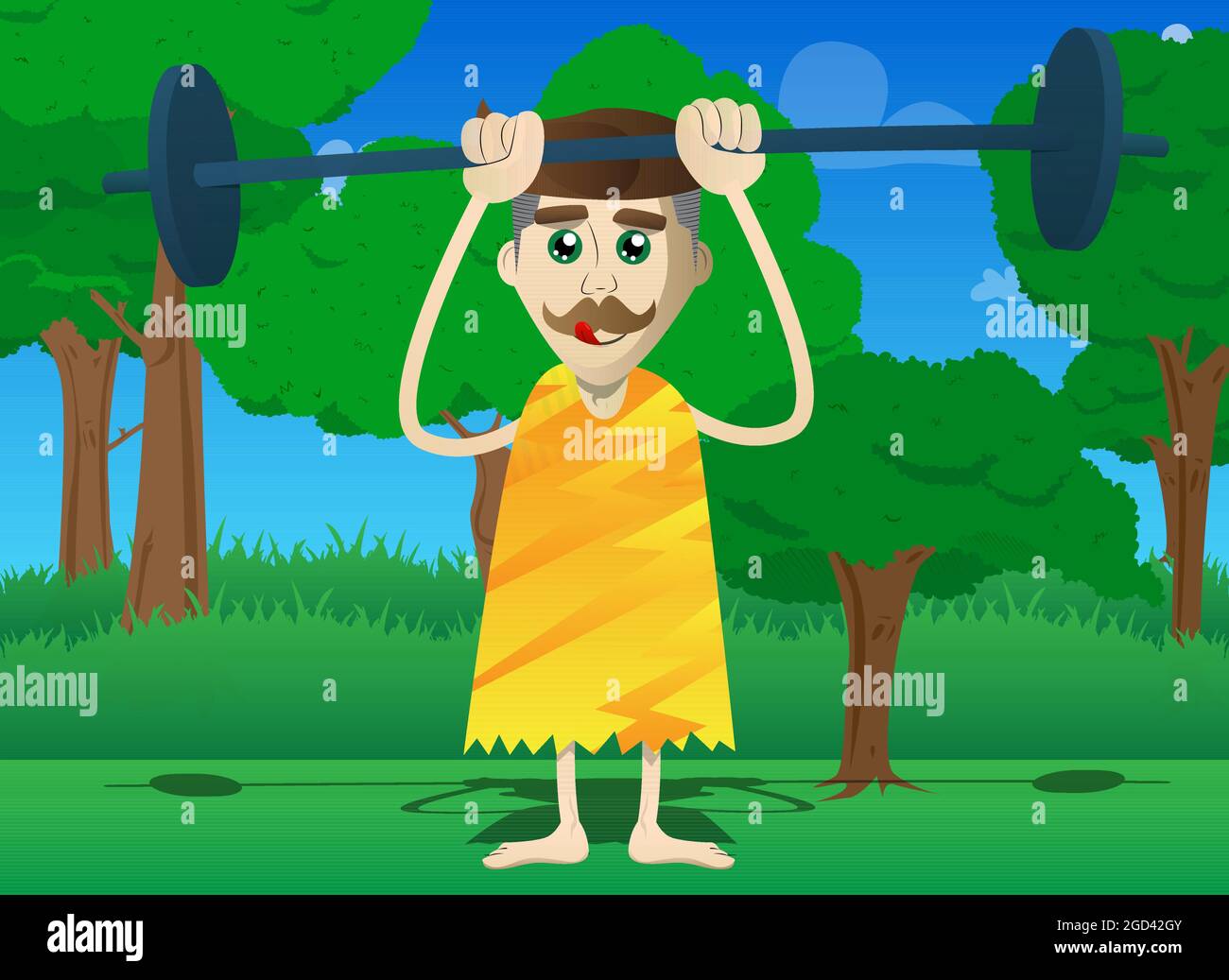 Cartoon prehistoric man as a weightlifter lifting barbell. Vector ...