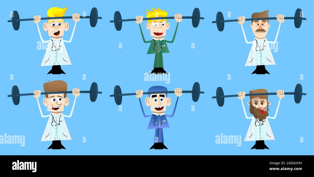 Funny cartoon doctor as a weightlifter lifting barbell. Vector ...
