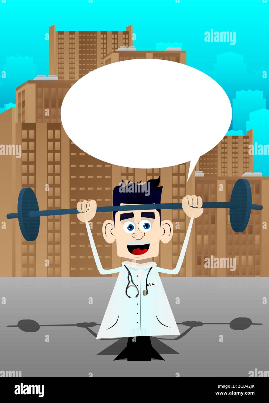 Funny cartoon doctor as a weightlifter lifting barbell. Vector ...