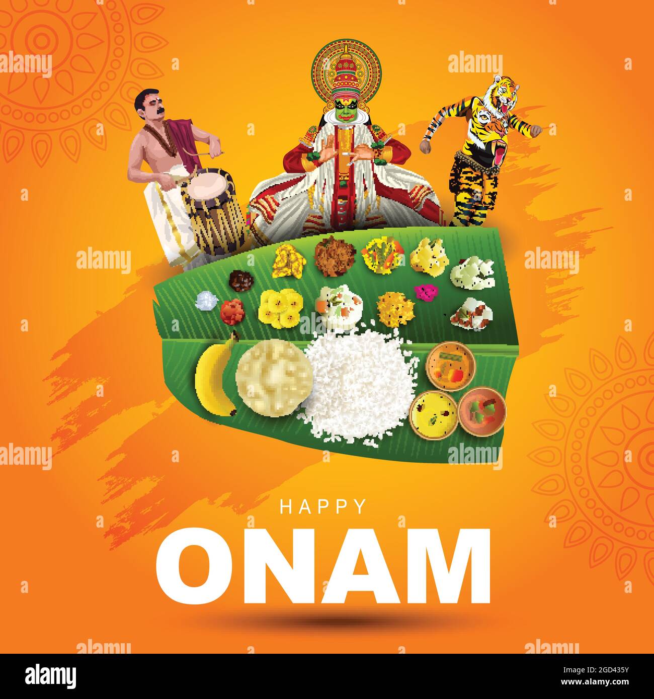 happy onam with kathakali and Kerala traditional food, use for poster ...