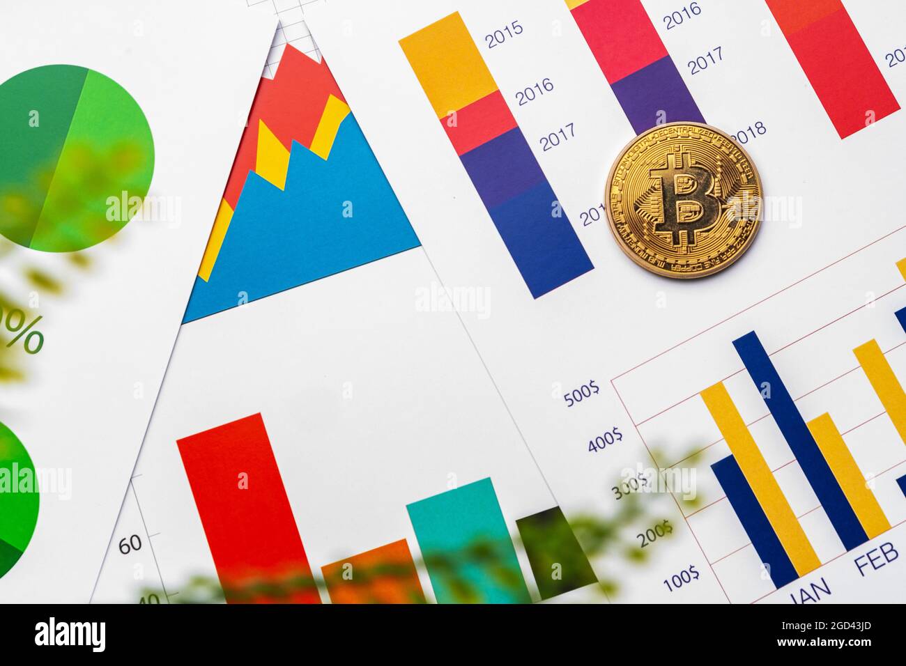 Bitcoin coin on stock market charts papers Stock Photo - Alamy
