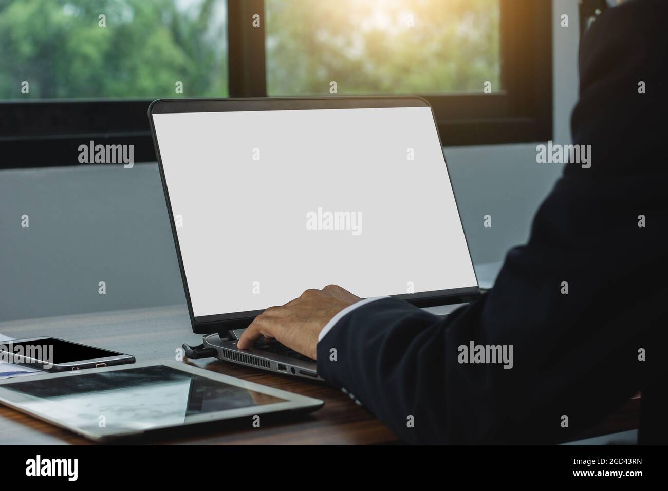 Businesspeople using laptop computer working business online connection ...