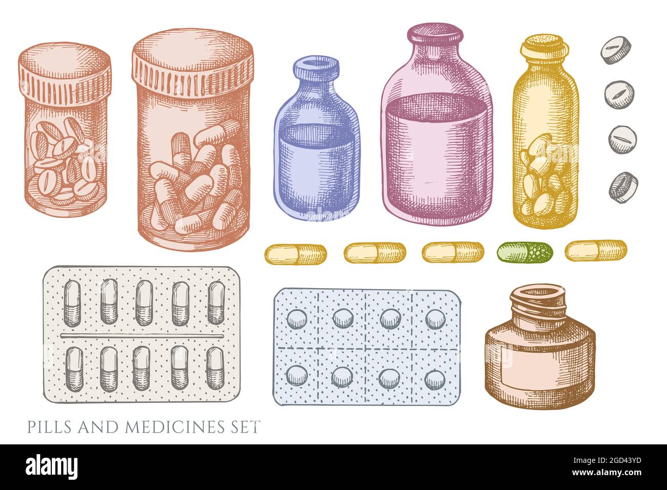 Vector set of hand drawn pastel pills and medicines Stock Vector Image ...