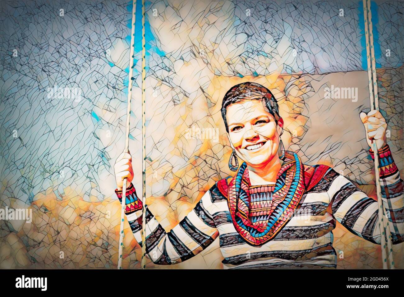 happy woman on a swing in landscape and mosaic structure Stock Photo ...