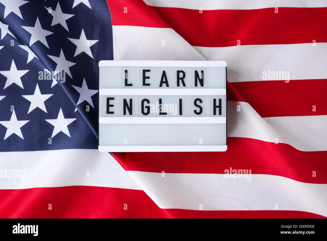 American flag. Lightbox with text LEARN ENGLISH Flag of the united ...